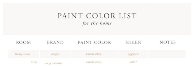 Free Printable Paint Color Chart | Julie Blanner